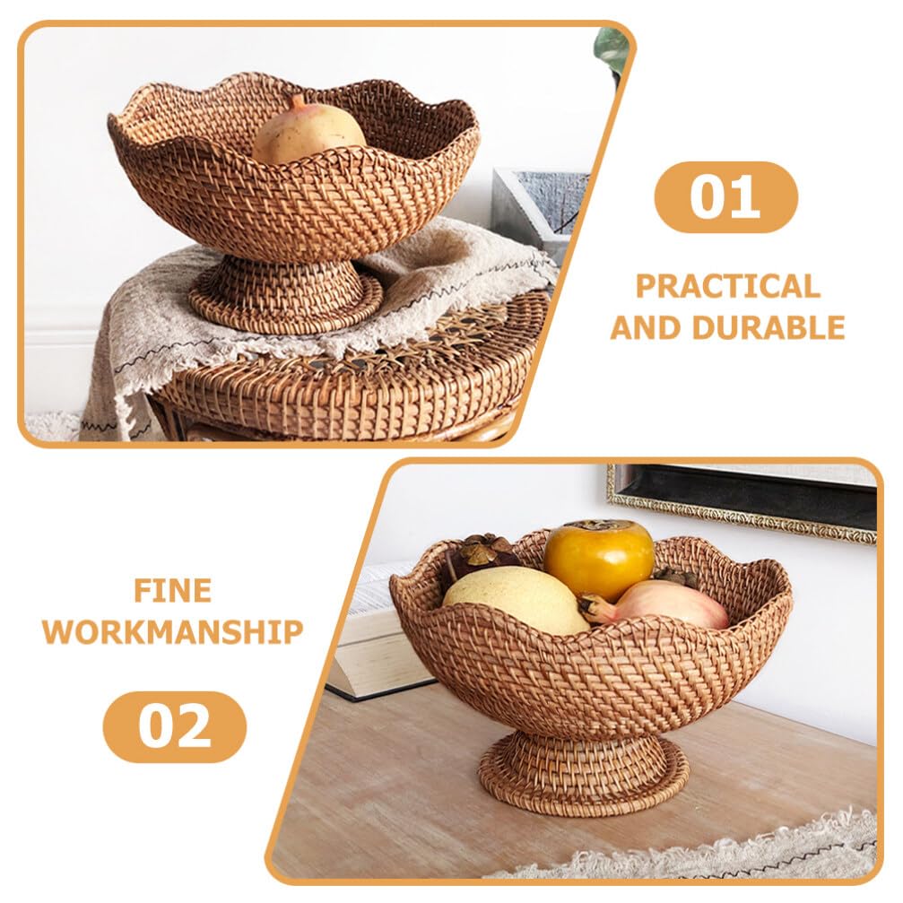 Cabilock Rattan Fruit Bowl Footed Decorative Fruit Basket Dessert Display Stand Food Snack Storage Tray for Kitchen Counter Table Centerpiece 25cm