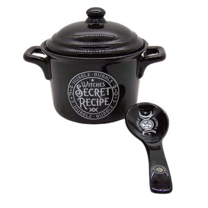 alchemy witches secret recipe cauldron lidded bowl and spoon set, gothic kitchen serveware, 4.75 inches