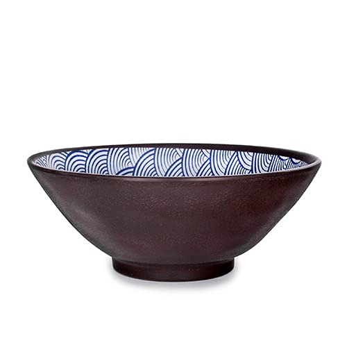 Needzo Brown and Blue Seigaiha Pattern Japanese Melamine Bowl, Serving Bowls for Soup, Ramen, Cereal, and more, Cute Kitchenware, 8.25 Inches