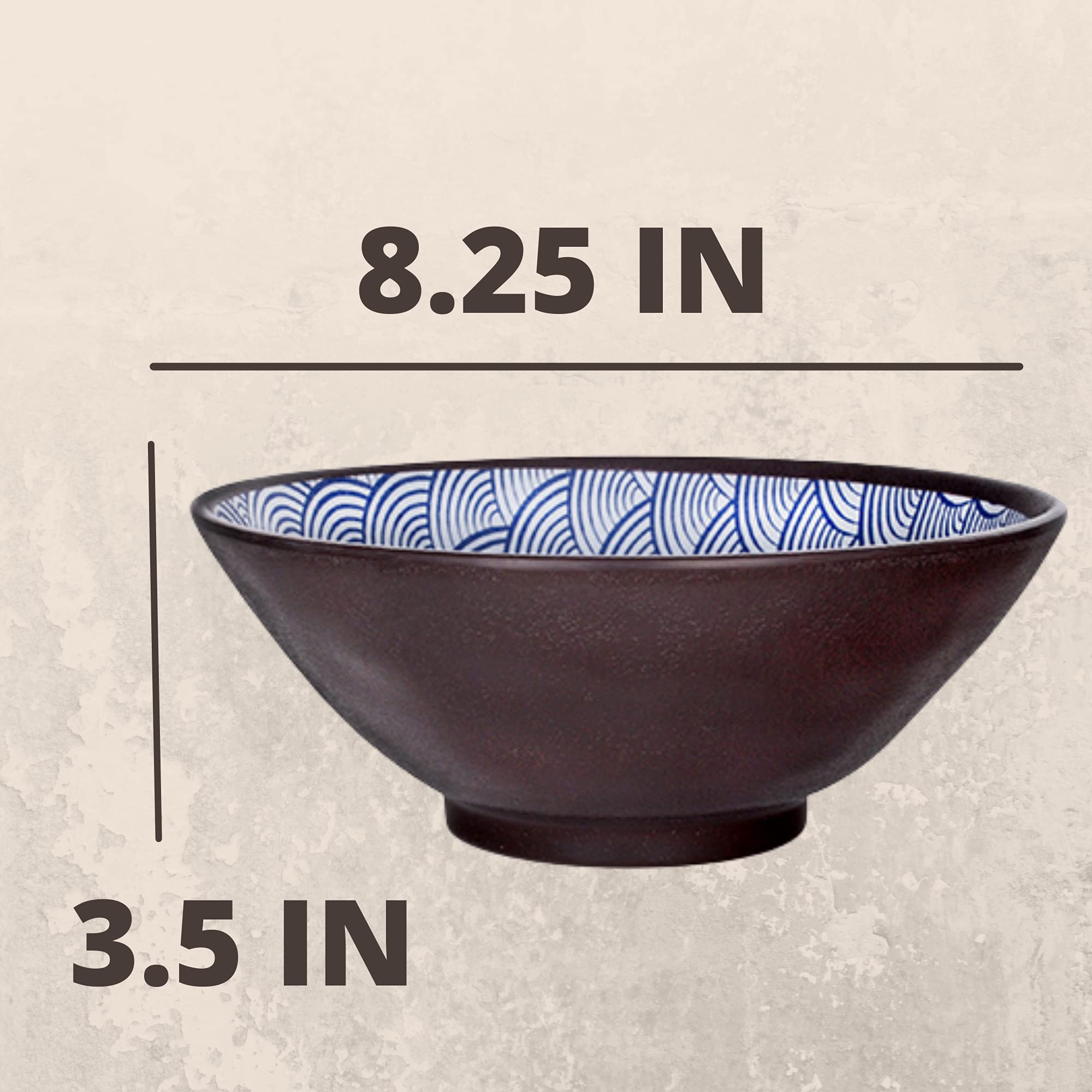 Needzo Brown and Blue Seigaiha Pattern Japanese Melamine Bowl, Serving Bowls for Soup, Ramen, Cereal, and more, Cute Kitchenware, 8.25 Inches