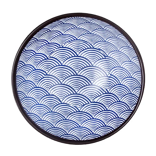 Needzo Brown and Blue Seigaiha Pattern Japanese Melamine Bowl, Serving Bowls for Soup, Ramen, Cereal, and more, Cute Kitchenware, 8.25 Inches