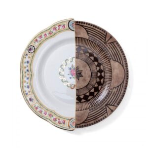 SELETTI HOBYO Dish, Plate, White & Brown, 10.6 inches (27 cm), Tableware, Western, Eastern Floral Pattern, Round