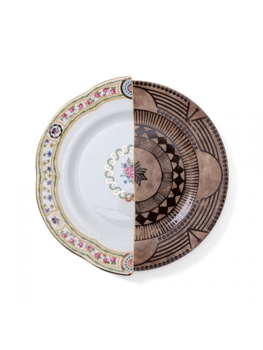 SELETTI HOBYO Dish, Plate, White & Brown, 10.6 inches (27 cm), Tableware, Western, Eastern Floral Pattern, Round