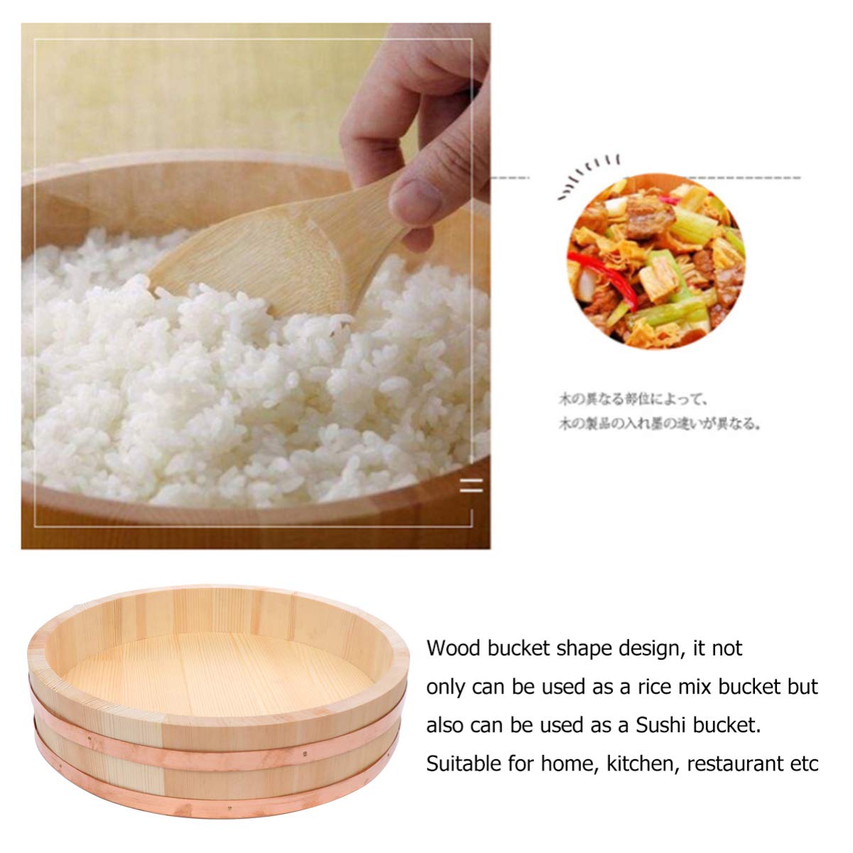 YARDWE Sushi Rice Bowl Large Japanese Hangiri Sushi Oke Rice Mixing Tub Rice Bowl Container for Restaurant Home Kitchen