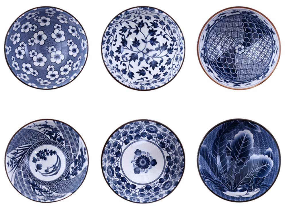 Japanese Style Ceramic Assorted Designs Traditional Blue and White Pattern Dinnerware Set (6PACK Blue White Bowl 4.5")