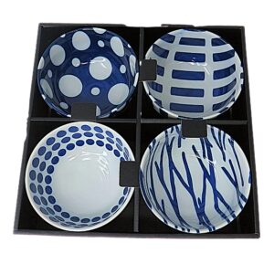 Ceramic Donburi Bowl Set, Miso Soup Bowls with Blue and White Eclectic Floral Designs, Kitchenware Housewarming and Wedding Shower Gifts, 5 Inches