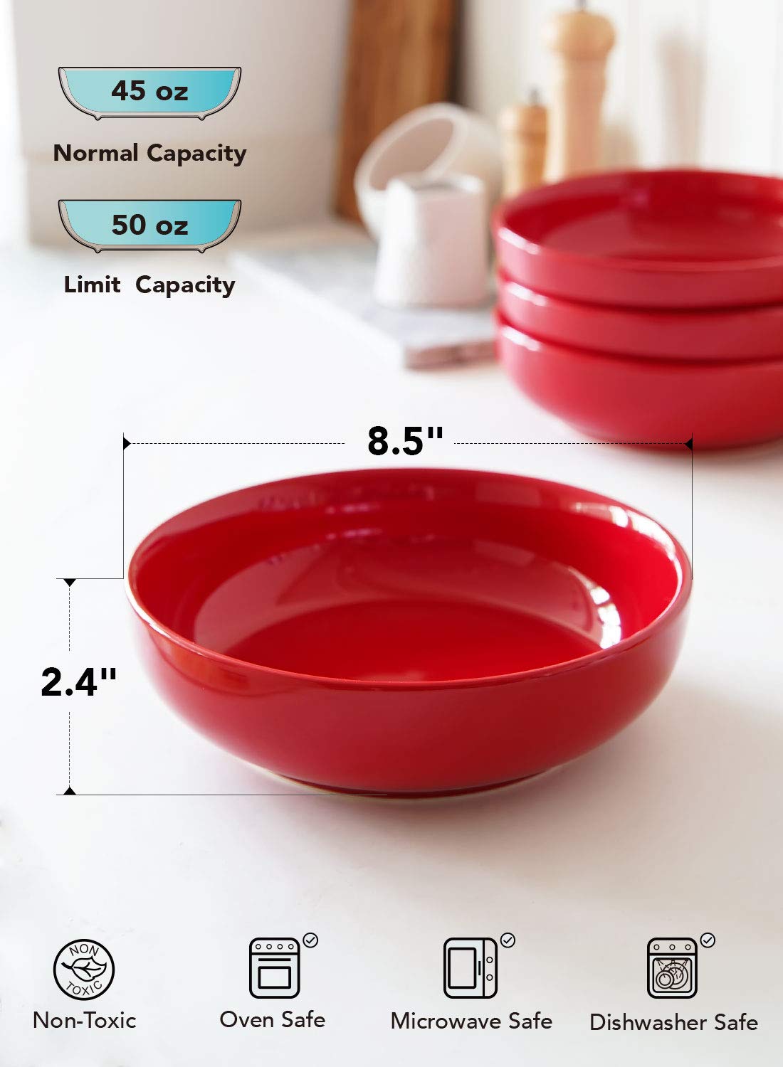 LE TAUCI Pasta Bowls 45 Oz+ Soup Bowls with Handles 28 Oz, Red