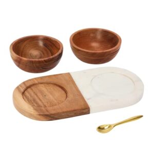 Creative Co-Op Creative Co-Op Acacia Wood and Marble Tray with 2 Acacia Wood Bowls & Brass Spoon, Set of 4 Pieces