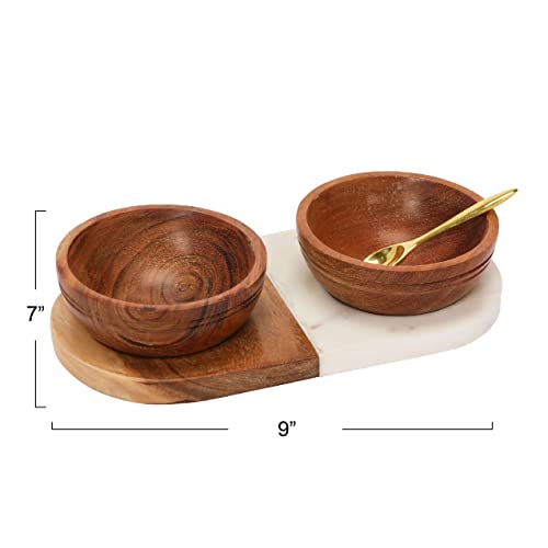 Creative Co-Op Creative Co-Op Acacia Wood and Marble Tray with 2 Acacia Wood Bowls & Brass Spoon, Set of 4 Pieces