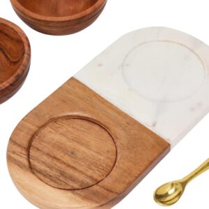 Creative Co-Op Creative Co-Op Acacia Wood and Marble Tray with 2 Acacia Wood Bowls & Brass Spoon, Set of 4 Pieces