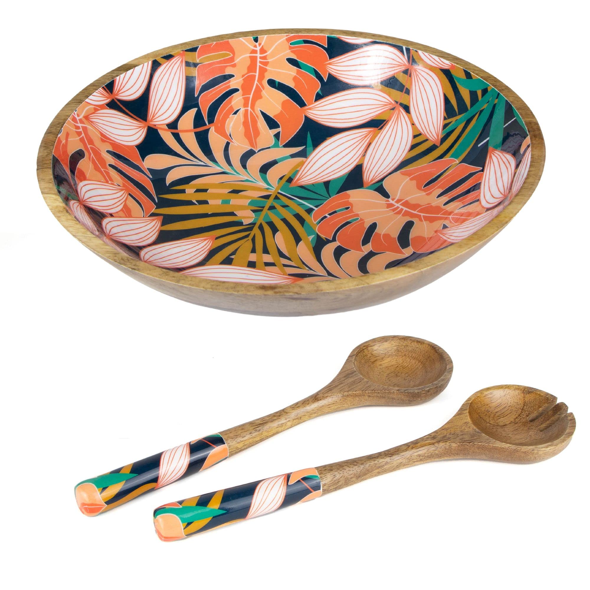 Muldale Large Wooden Salad Bowl Set and Salad Servers 12" - Mango Wood Floral Mexican Salad Tongs and Bowl - Sturdy Food Safe Rustic Wooden Bowl for Salads - Outdoor Grill Dining