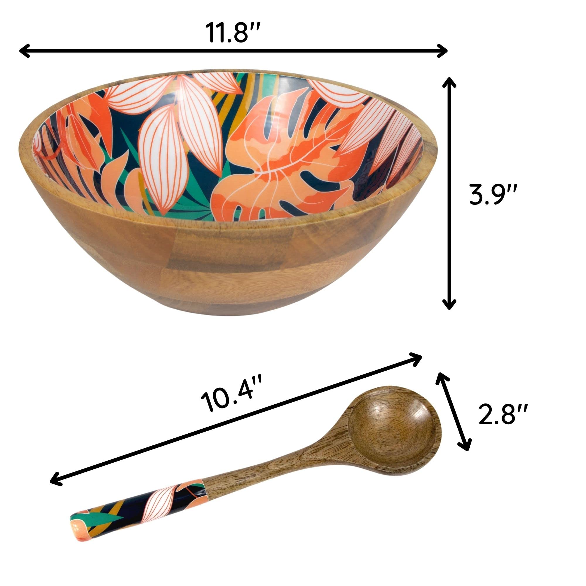 Muldale Large Wooden Salad Bowl Set and Salad Servers 12" - Mango Wood Floral Mexican Salad Tongs and Bowl - Sturdy Food Safe Rustic Wooden Bowl for Salads - Outdoor Grill Dining