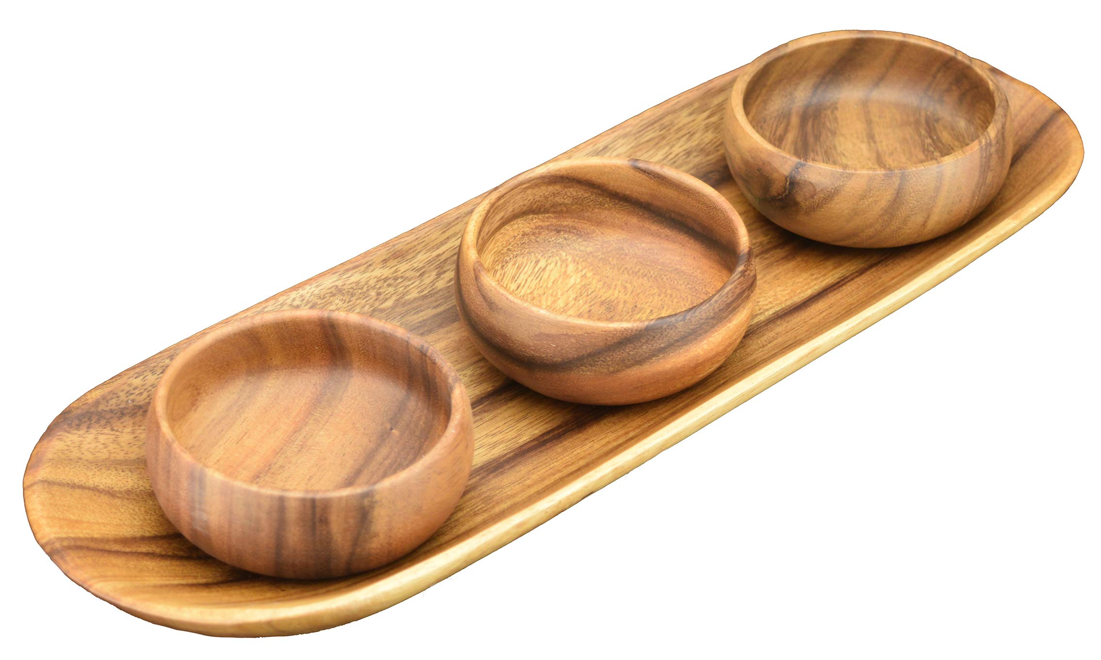 Pacific Merchants Acaciaware Set, 16-Inch Baguette Tray with 4-Inch Dipping Bowls