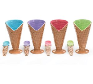 set of 4 large ice cream cone dishes bowls with spoon