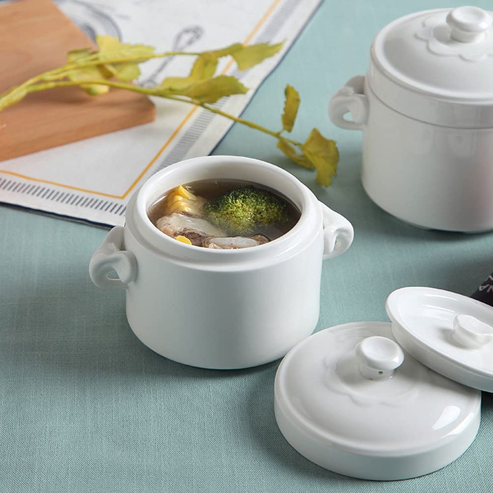 FRCOLOR Small Ceramic Stew Pot with Lid 400ml Steam Soup Bowl Steaming Cup with Handle for Home Kitchen Egg Custard Medicinal Birds Nest Tonic White