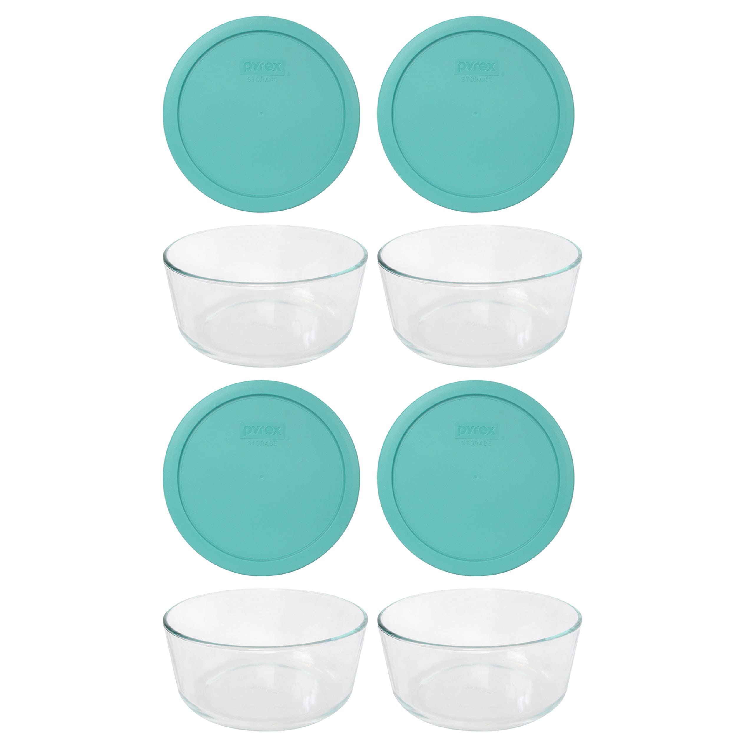 Pyrex (4) 7203 Glass Bowls & (4) 7402-PC Turquoise Lids Made in the USA