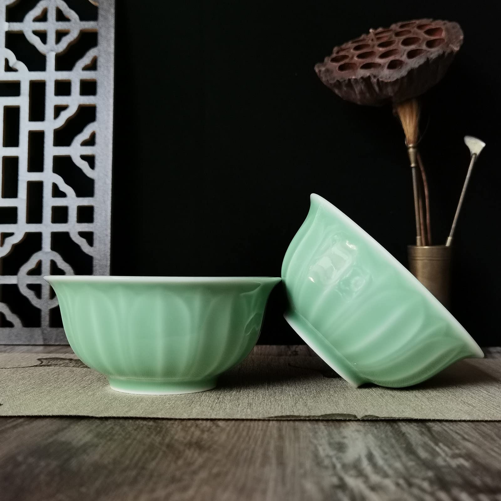 Handmade Celadon Cladon Porcelain Chinese 4.5Inch Rice Bowls Engraved Lotus Leaf (Green)