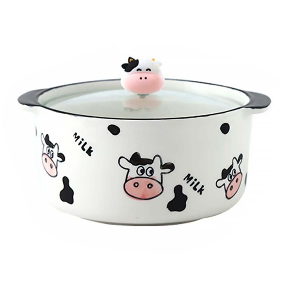 BESTonZON Ceramic Soup Bowl Soup Crock with Handles and Lid Cute Cow Design Casseroles Dishes Serving Bowls for Cereal Stew Chill Beef Stew Pot Pies Instant Noodle Oven Dishwasher Safe