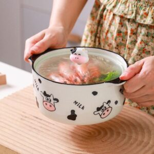 BESTonZON Ceramic Soup Bowl Soup Crock with Handles and Lid Cute Cow Design Casseroles Dishes Serving Bowls for Cereal Stew Chill Beef Stew Pot Pies Instant Noodle Oven Dishwasher Safe