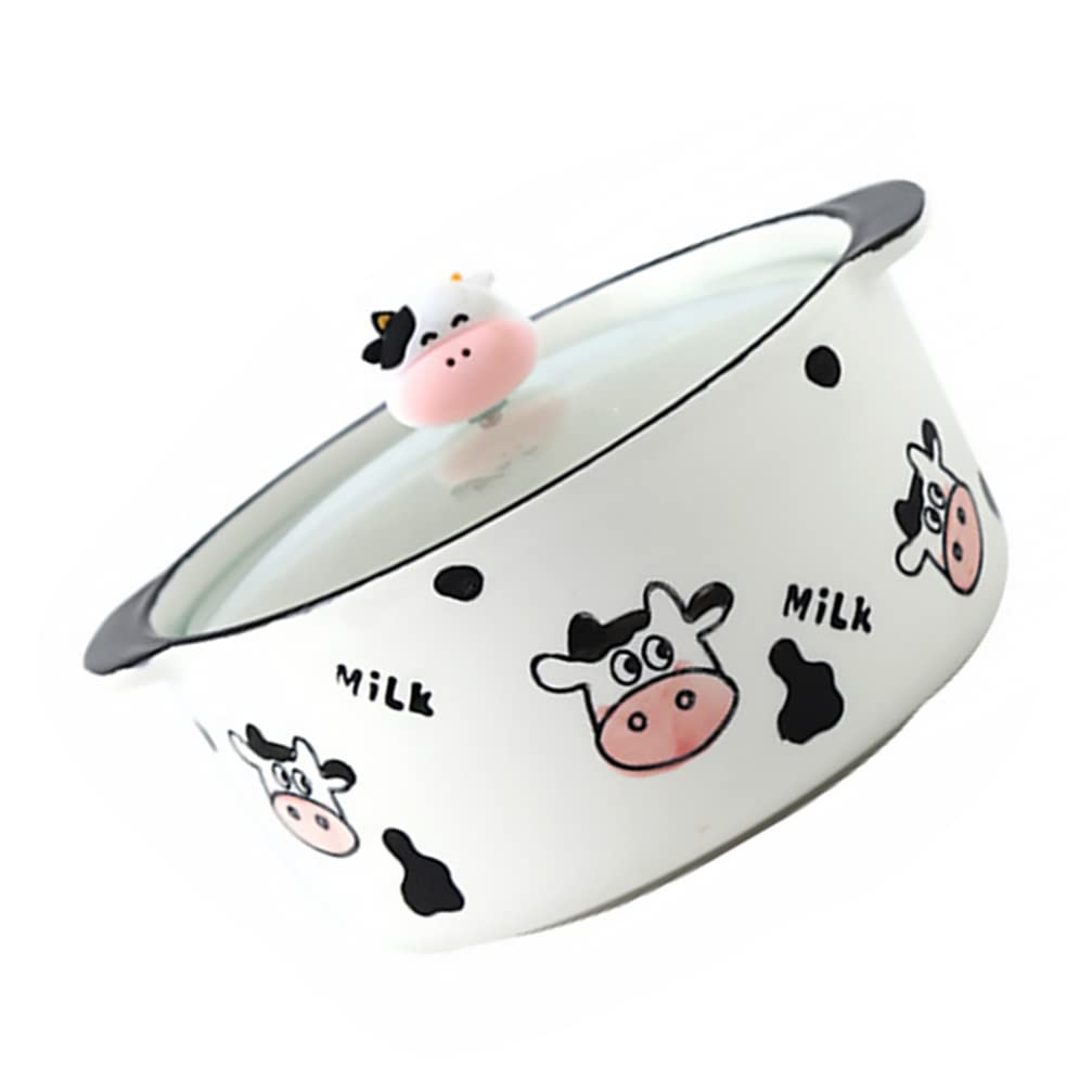 BESTonZON Ceramic Soup Bowl Soup Crock with Handles and Lid Cute Cow Design Casseroles Dishes Serving Bowls for Cereal Stew Chill Beef Stew Pot Pies Instant Noodle Oven Dishwasher Safe