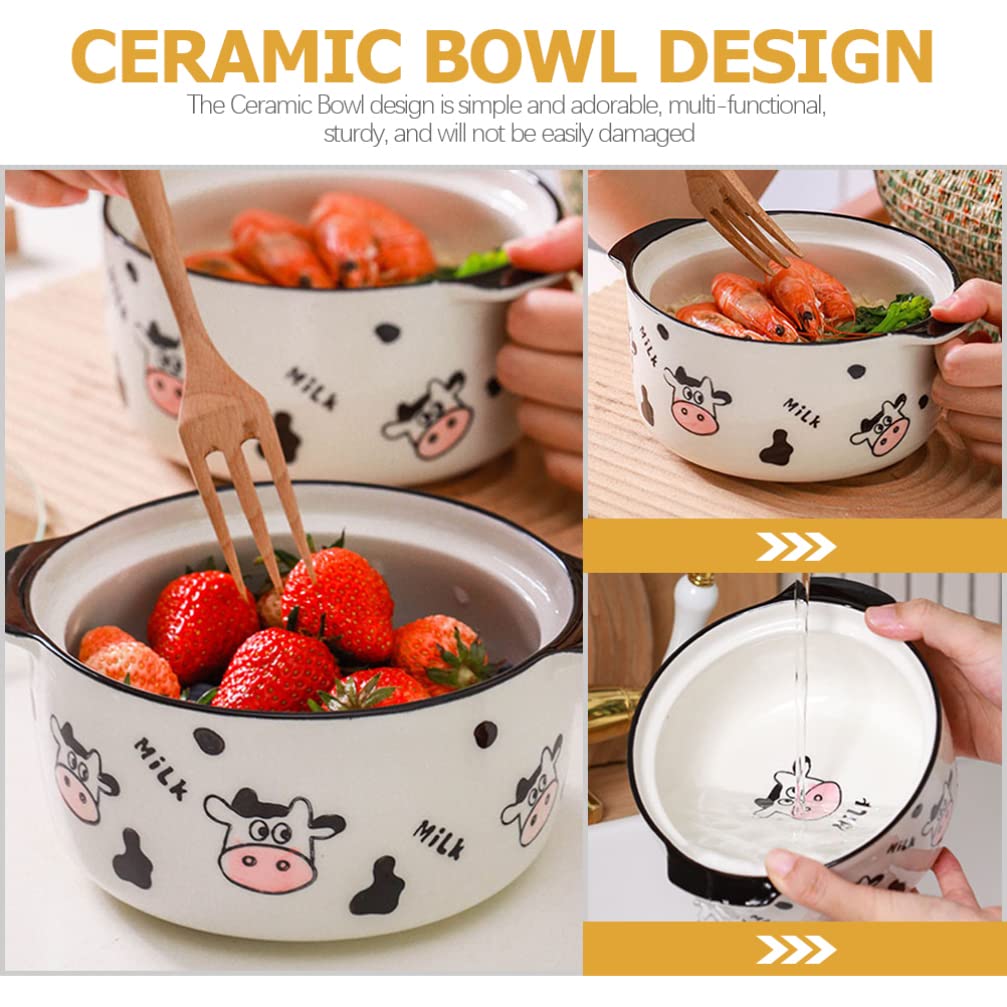 BESTonZON Ceramic Soup Bowl Soup Crock with Handles and Lid Cute Cow Design Casseroles Dishes Serving Bowls for Cereal Stew Chill Beef Stew Pot Pies Instant Noodle Oven Dishwasher Safe