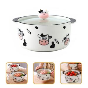 BESTonZON Ceramic Soup Bowl Soup Crock with Handles and Lid Cute Cow Design Casseroles Dishes Serving Bowls for Cereal Stew Chill Beef Stew Pot Pies Instant Noodle Oven Dishwasher Safe