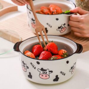 BESTonZON Ceramic Soup Bowl Soup Crock with Handles and Lid Cute Cow Design Casseroles Dishes Serving Bowls for Cereal Stew Chill Beef Stew Pot Pies Instant Noodle Oven Dishwasher Safe