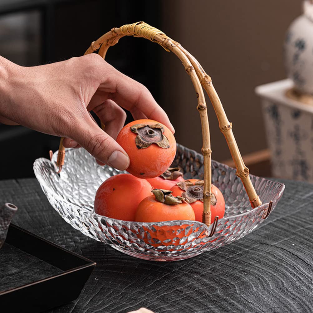 8.6 * 6Inch Glass Fruit Basket with Handle Fruits Holder Glass Snacks Serving Tray Plate Fruit Vegetable Holder Kitchen Decoration