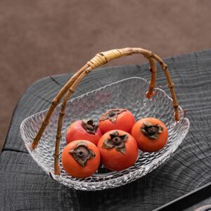 8.6 * 6Inch Glass Fruit Basket with Handle Fruits Holder Glass Snacks Serving Tray Plate Fruit Vegetable Holder Kitchen Decoration