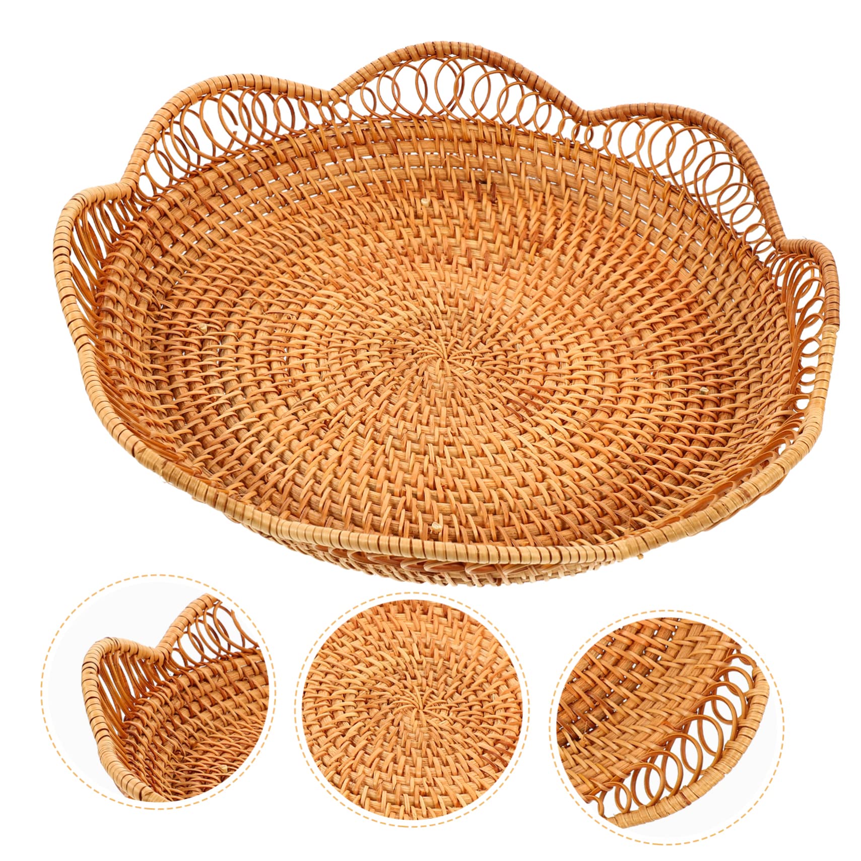 ADOCARN 1pc Rattan Fruit Bowl Woven Fruit Basket Straw Bread Basket Wicker Fruit Basket for Kitchen Fruit Holder Table Fruit Serving Desktop Organizer Egg Basket Food Basket Wooden Round