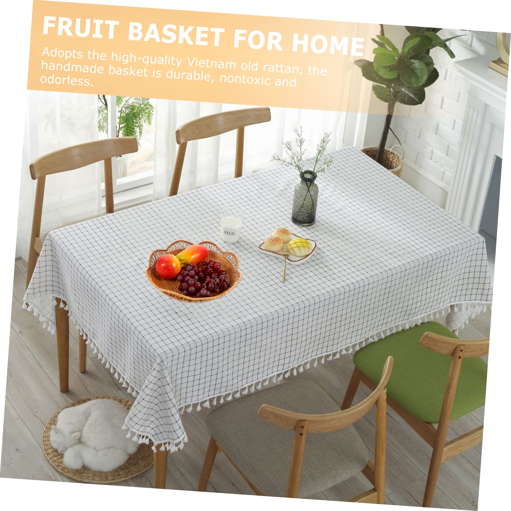 ADOCARN 1pc Rattan Fruit Bowl Woven Fruit Basket Straw Bread Basket Wicker Fruit Basket for Kitchen Fruit Holder Table Fruit Serving Desktop Organizer Egg Basket Food Basket Wooden Round