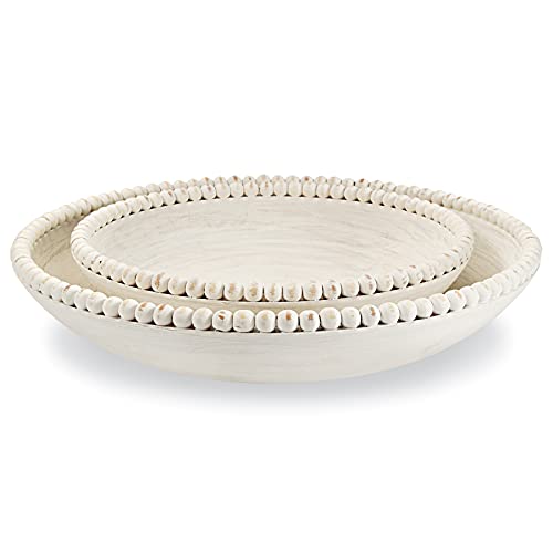 Mud Pie Nested Beaded Bowl Set, small 3" x 14" dia | large 3.5" x 18", White