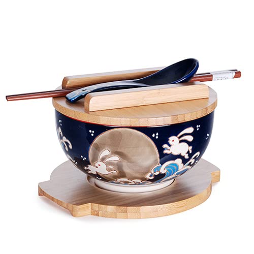 Japanese Dinnerware Set, Moon Rabbits Bowl with Wooden Lid, Chopsticks, Soup Spoon and Trivet, 7 Piece Kit