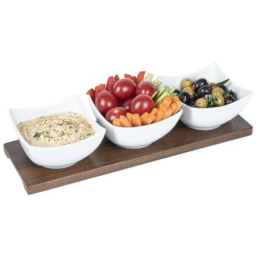 Restaurantware 15 Ounce Bowl Set with Tray - 1 Dishwashable Serving Set Includes 3 Porcelain Bowls And 1 Bamboo Tray Durable White Porcelain And Bamboo Bowl And Tray Set Reusable Freezable