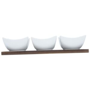 Restaurantware 15 Ounce Bowl Set with Tray - 1 Dishwashable Serving Set Includes 3 Porcelain Bowls And 1 Bamboo Tray Durable White Porcelain And Bamboo Bowl And Tray Set Reusable Freezable