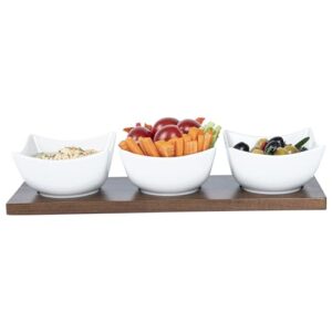 Restaurantware 15 Ounce Bowl Set with Tray - 1 Dishwashable Serving Set Includes 3 Porcelain Bowls And 1 Bamboo Tray Durable White Porcelain And Bamboo Bowl And Tray Set Reusable Freezable