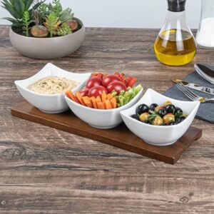 Restaurantware 15 Ounce Bowl Set with Tray - 1 Dishwashable Serving Set Includes 3 Porcelain Bowls And 1 Bamboo Tray Durable White Porcelain And Bamboo Bowl And Tray Set Reusable Freezable