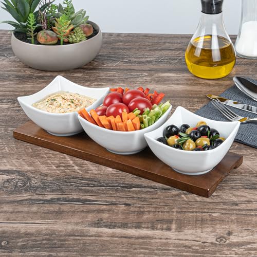 Restaurantware 15 Ounce Bowl Set with Tray - 1 Dishwashable Serving Set Includes 3 Porcelain Bowls And 1 Bamboo Tray Durable White Porcelain And Bamboo Bowl And Tray Set Reusable Freezable