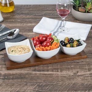 Restaurantware 15 Ounce Bowl Set with Tray - 1 Dishwashable Serving Set Includes 3 Porcelain Bowls And 1 Bamboo Tray Durable White Porcelain And Bamboo Bowl And Tray Set Reusable Freezable