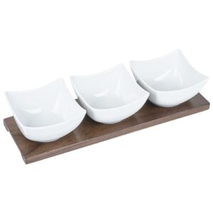 Restaurantware 15 Ounce Bowl Set with Tray - 1 Dishwashable Serving Set Includes 3 Porcelain Bowls And 1 Bamboo Tray Durable White Porcelain And Bamboo Bowl And Tray Set Reusable Freezable