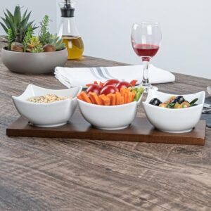 Restaurantware 15 Ounce Bowl Set with Tray - 1 Dishwashable Serving Set Includes 3 Porcelain Bowls And 1 Bamboo Tray Durable White Porcelain And Bamboo Bowl And Tray Set Reusable Freezable