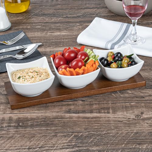 Restaurantware 15 Ounce Bowl Set with Tray - 1 Dishwashable Serving Set Includes 3 Porcelain Bowls And 1 Bamboo Tray Durable White Porcelain And Bamboo Bowl And Tray Set Reusable Freezable