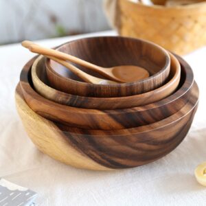 PAPABA Household Round Wooden Salad Bowl Fruit Serving Bowl Wood Basin Container Dishes for Salads, Fruit, Nuts or Snacks S