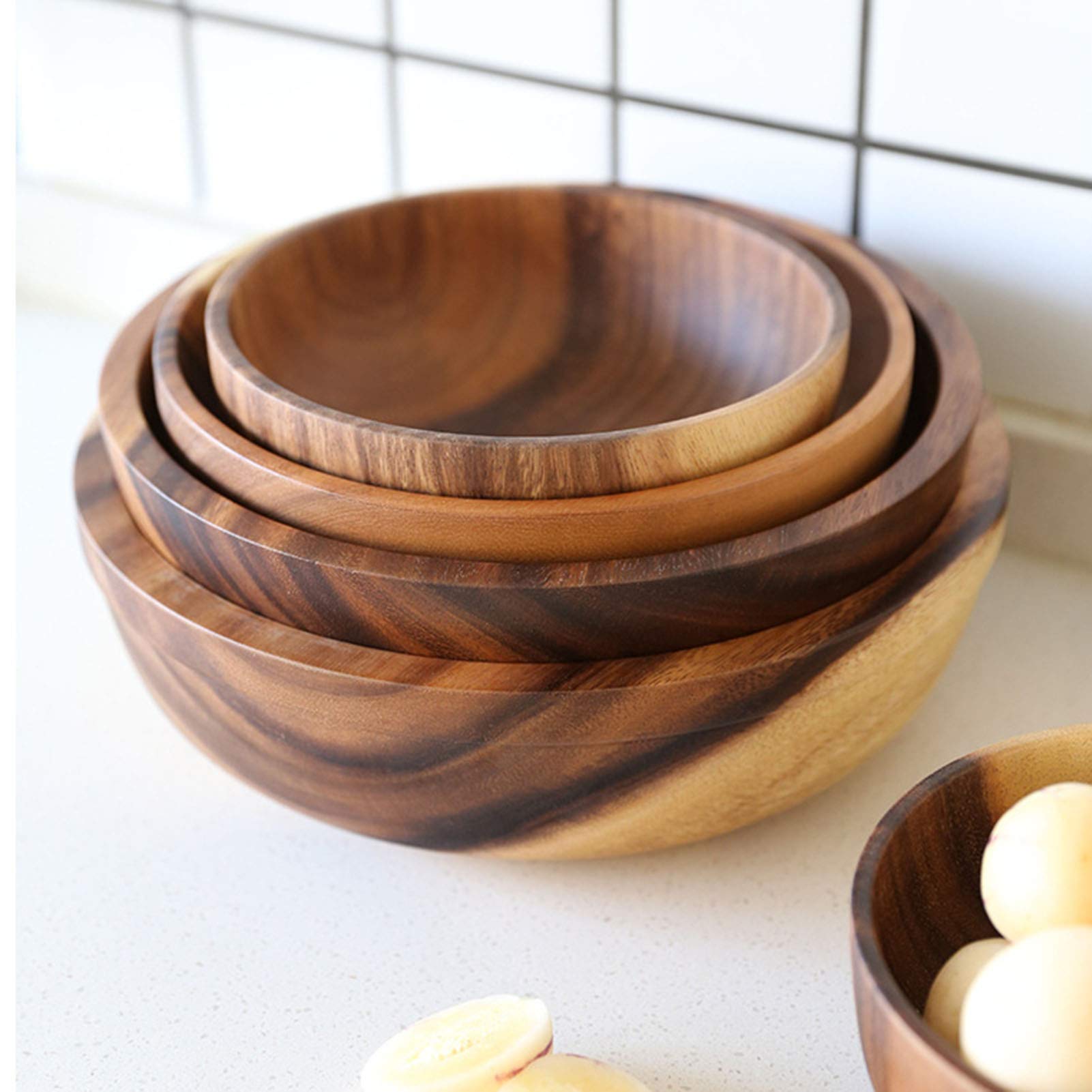 PAPABA Household Round Wooden Salad Bowl Fruit Serving Bowl Wood Basin Container Dishes for Salads, Fruit, Nuts or Snacks S