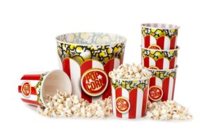 movie theater popcorn buckets set - wabash valley farms red and white popcorn tub set, perfect for movie theater decor, outdoor movie night supplies, and movie night gift baskets (1 jumbo and 5 small)