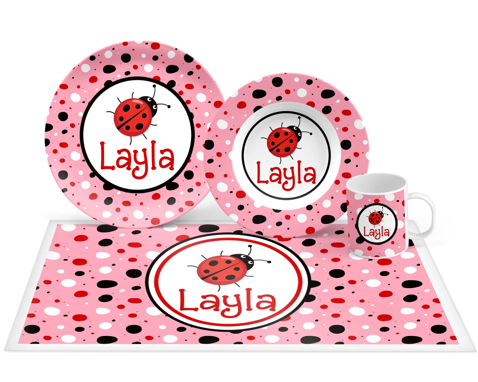 Kids Personalized Plate Set - Ladybug - Personalized Dinnerware Set, Ladybug Personalized Plate, Bowl, Placemat, Mug - Choose Your Pieces