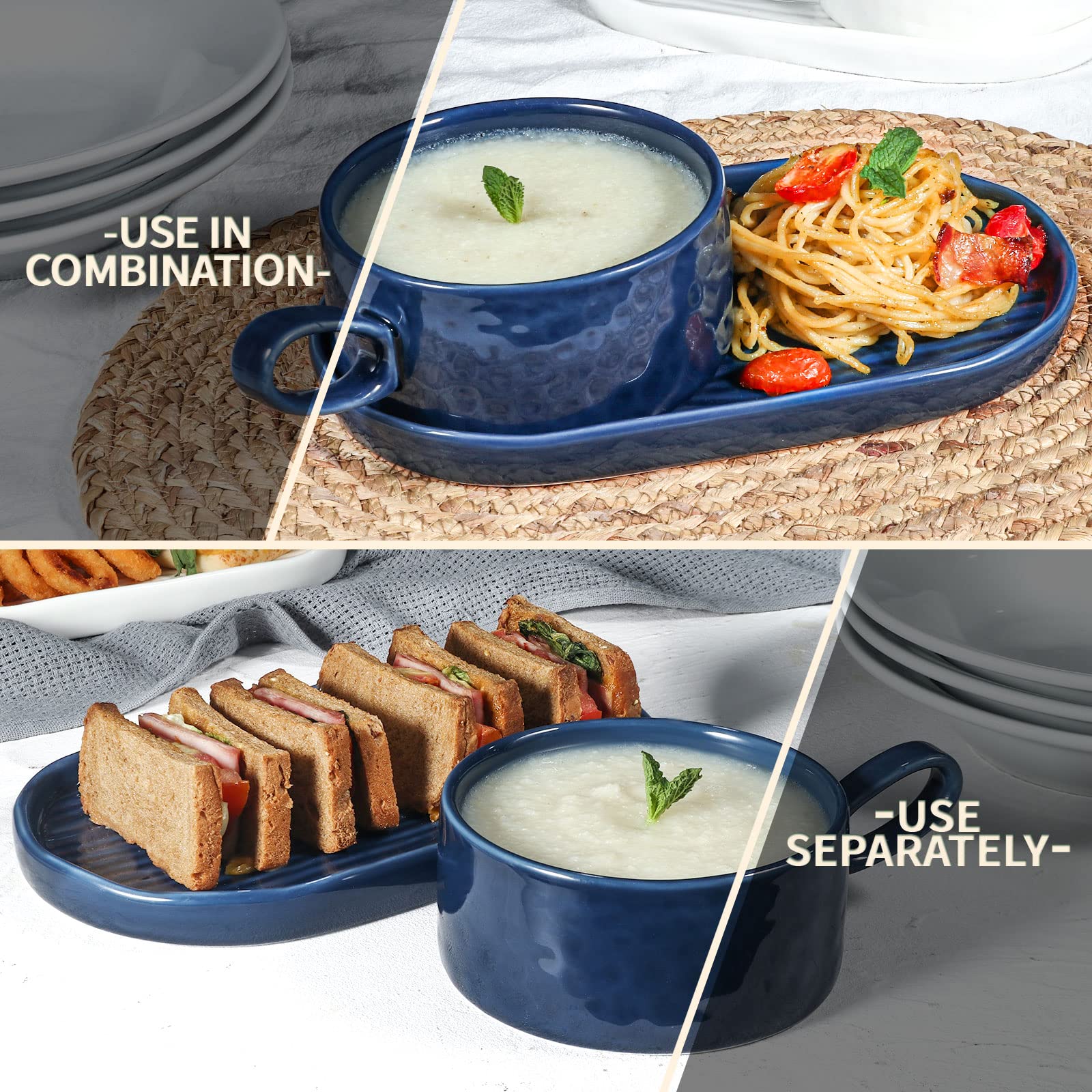 Wareland Rimmed Pasta Bowls Set of 4 & Ceramic Soup and Sandwich Plate Combo