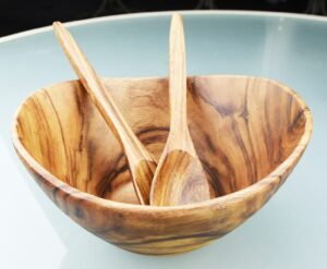 pacific merchants acaciaware acacia wood large salad bowl with salad servers, 12" x 6", acacia wood serving bowl, acacia salad bowl, salad serving set, sustainable, eco-friendly, hand made