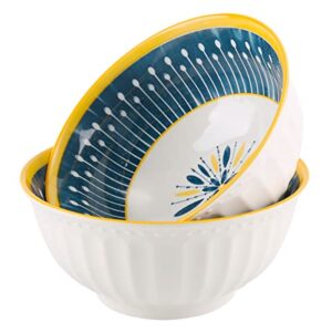 bozopion 56 oz ceramic salad bowls,8 inch serving bowls,set of 2,porcelain bowls for kitchen,white blue and yellow