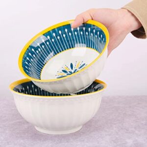 bozopion 56 oz Ceramic Salad Bowls,8 Inch Serving Bowls,Set of 2,Porcelain Bowls for Kitchen,White Blue and Yellow